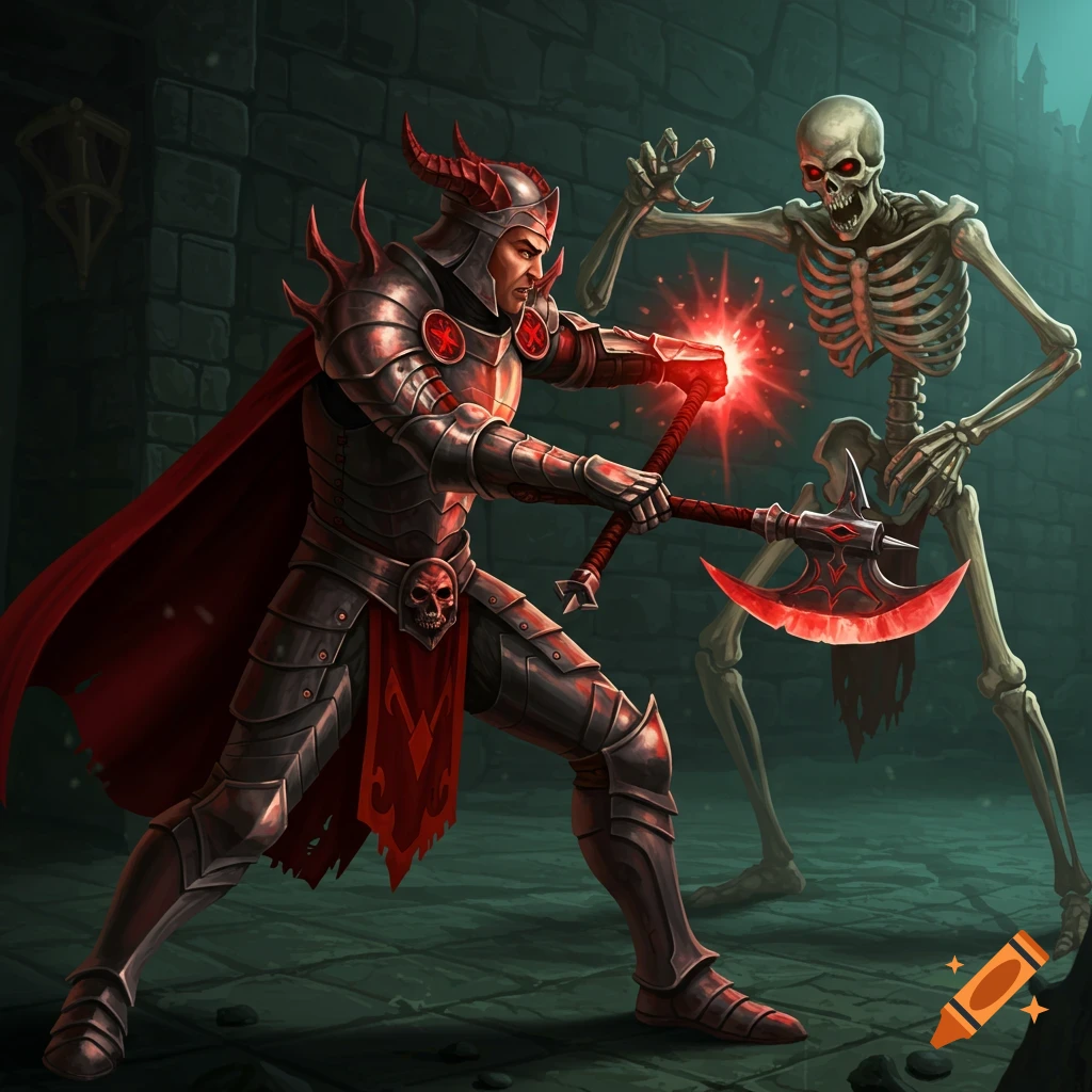 Armored warrior fights a skeleton with glowing red axes in a dark ...