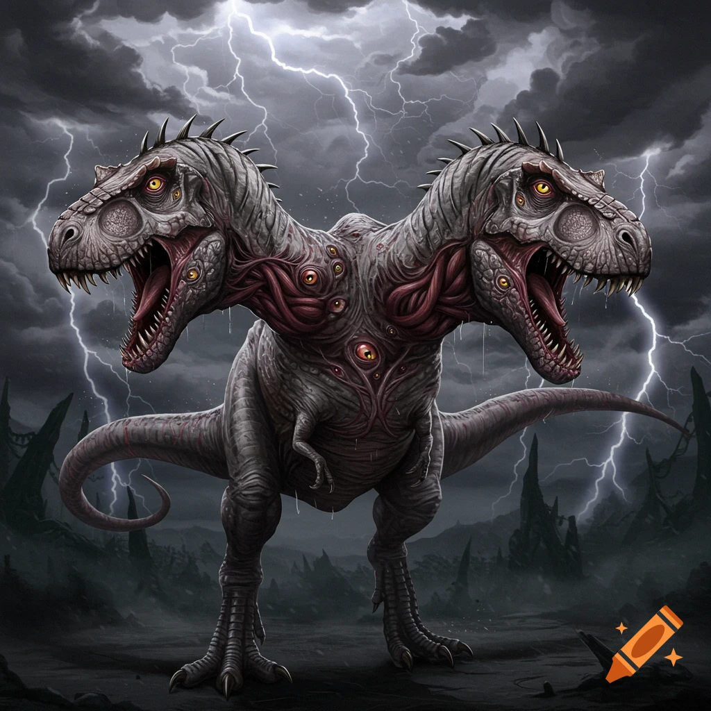 A two-headed, multi-eyed monster T-Rex stands in a stormy, rocky ...