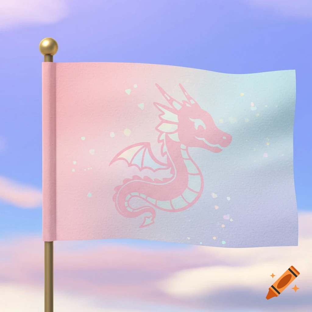 A pink and blue gradient flag with a cute pink dragon illustration in ...