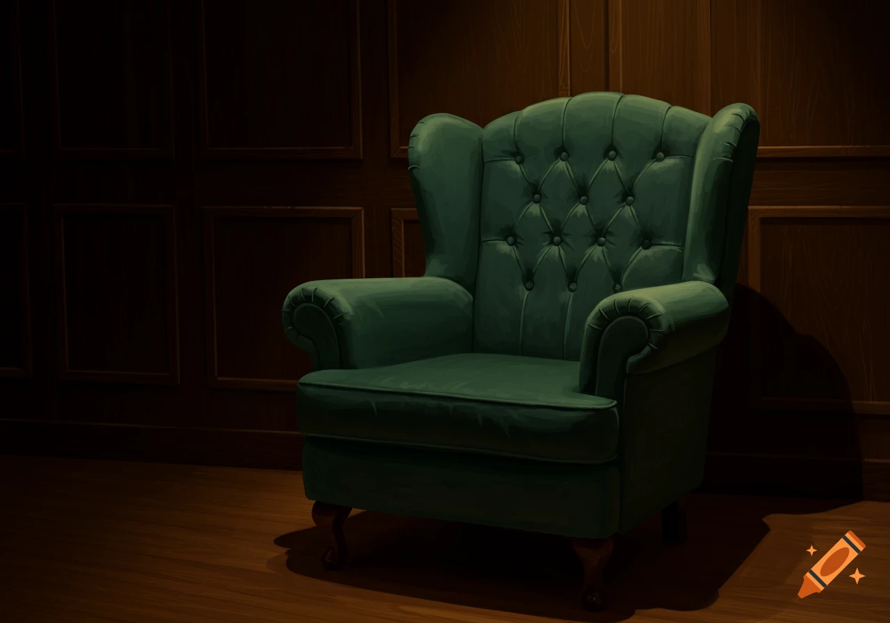 A green armchair in a dimly lit lounge with dark wood paneling and ...