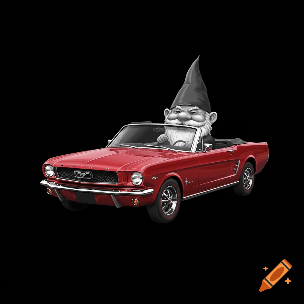 Illustration of a gnome driving a red classic Mustang convertible. on ...