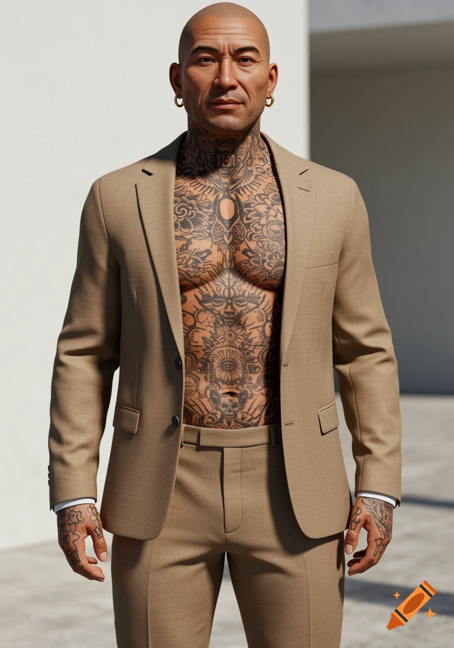 Bald man with extensive tattoos wearing a tan suit jacket and pants ...