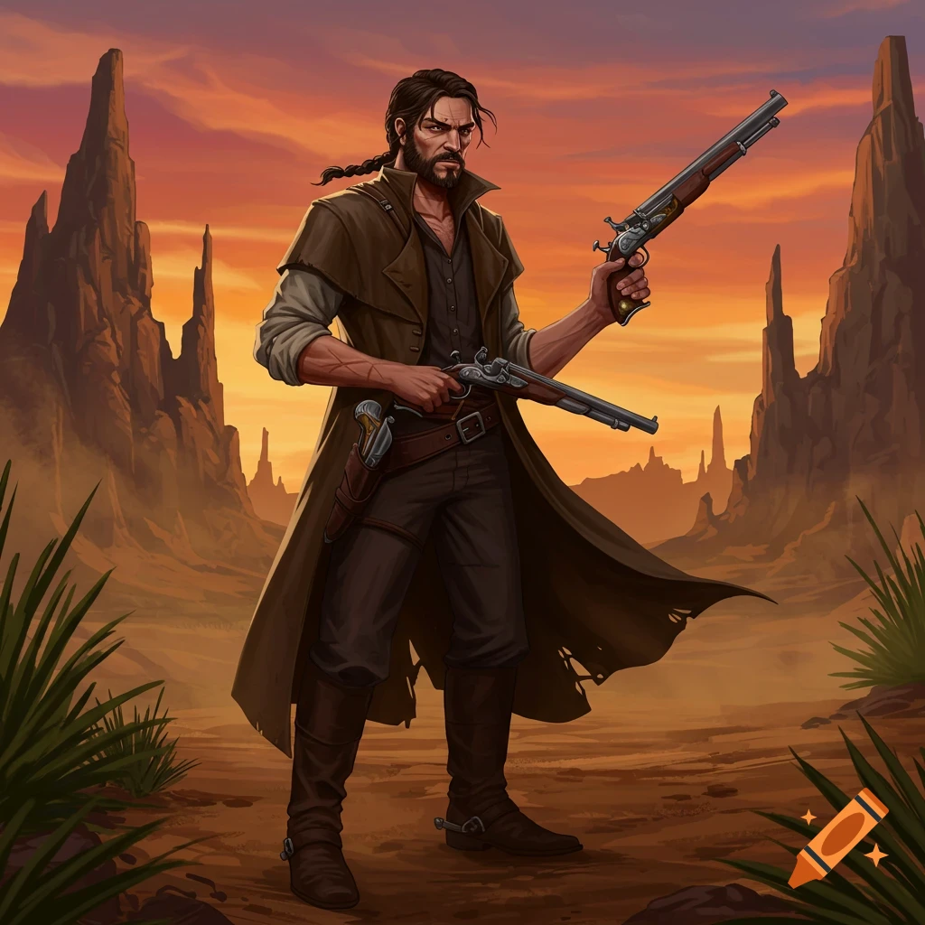 An outlaw mercenary in a duster coat holds two guns in a fantasy ...