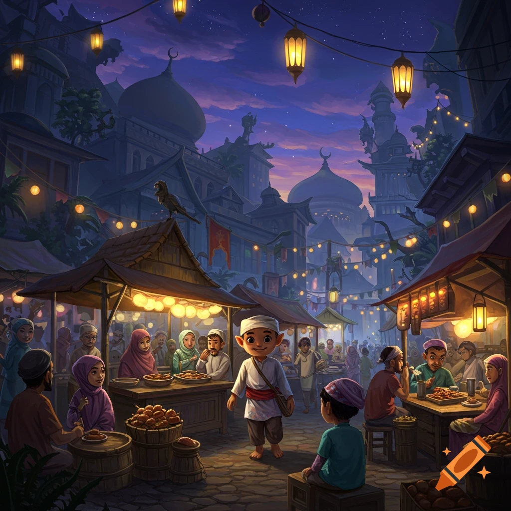 Stylized illustration of a bustling night market with people, food ...