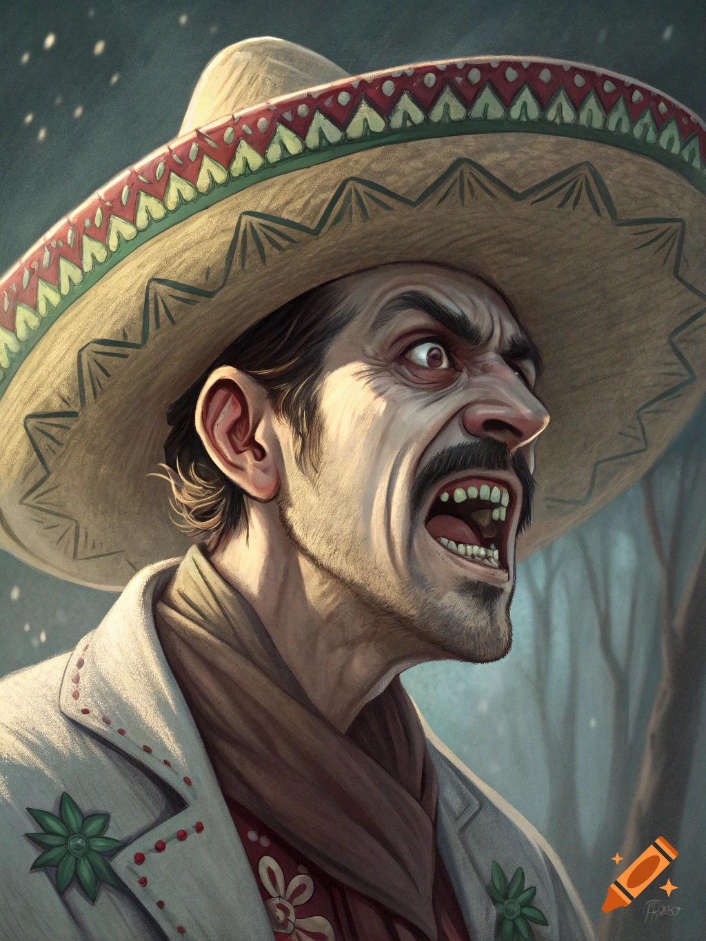 A stylized illustration of an angry man with exaggerated features and ...