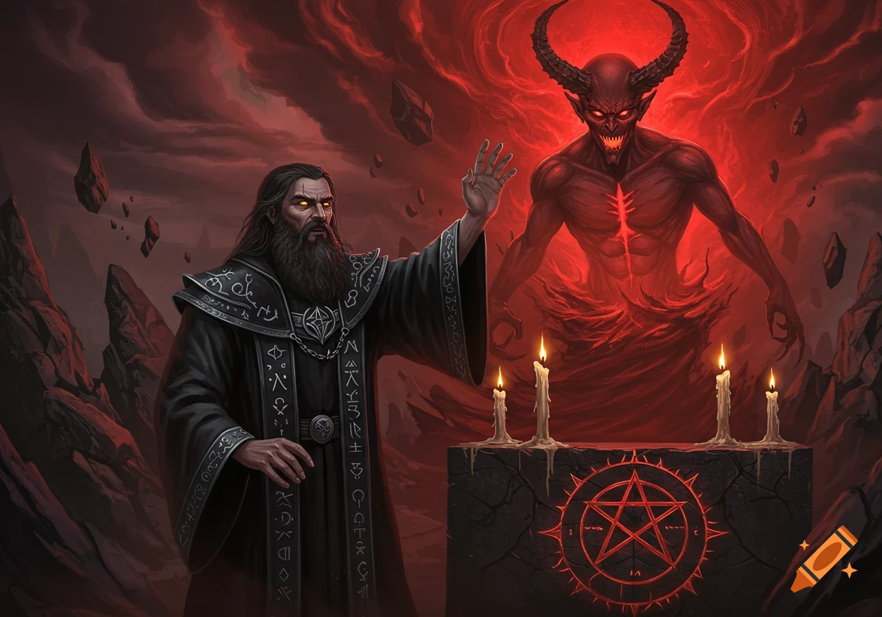 A dark fantasy illustration shows a bearded warlock in black robes ...