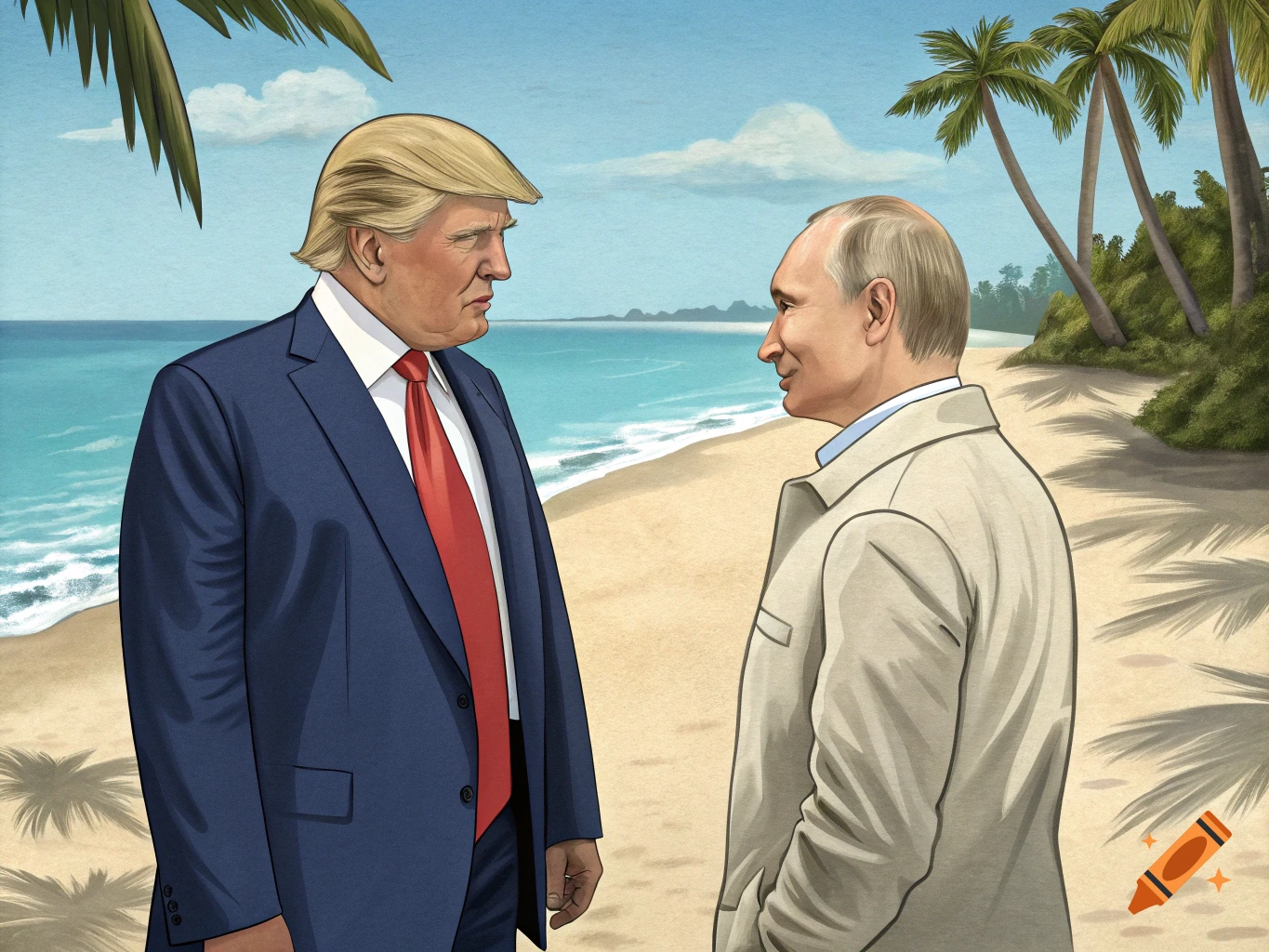 Illustration of Donald Trump and Vladimir Putin standing on a beach ...