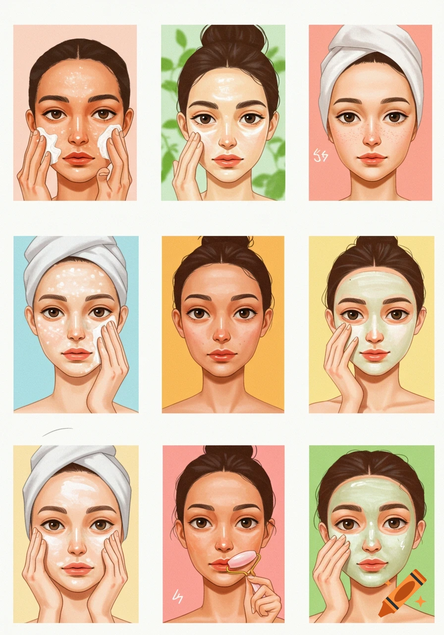 Grid of illustrations showing a woman doing various facial skincare ...
