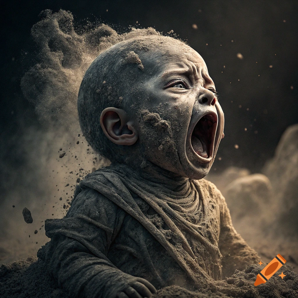 A screaming baby made of ash disintegrates, with ash particles flying ...