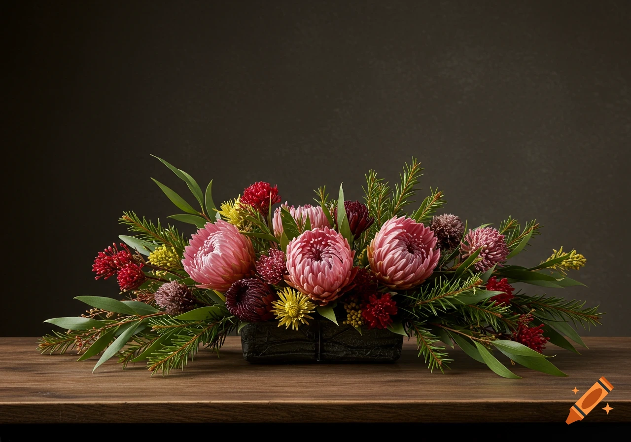 Realistic studio photo of an Australian native flower arrangement on a ...