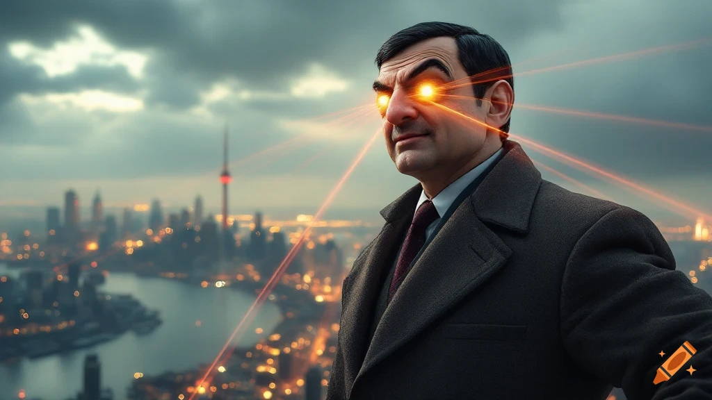 Photorealistic image of Mr. Bean towering over the Toronto skyline with ...