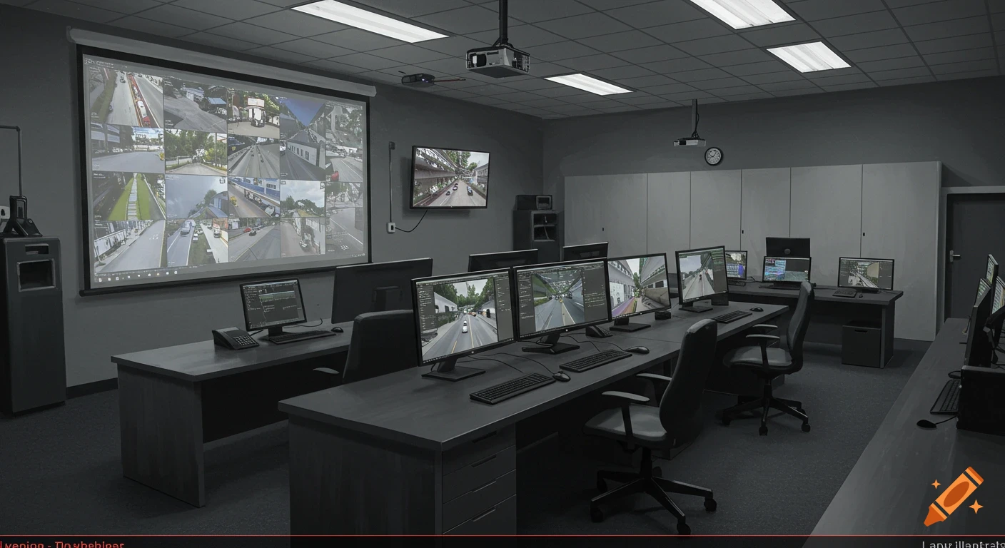 A security monitoring room with rows of computer screens and a large projector screen displaying ...