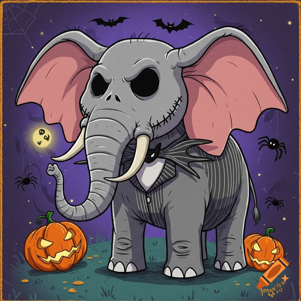 Cartoon elephant dressed as Jack Skellington in a Halloween scene with pumpkins, bats, and ...