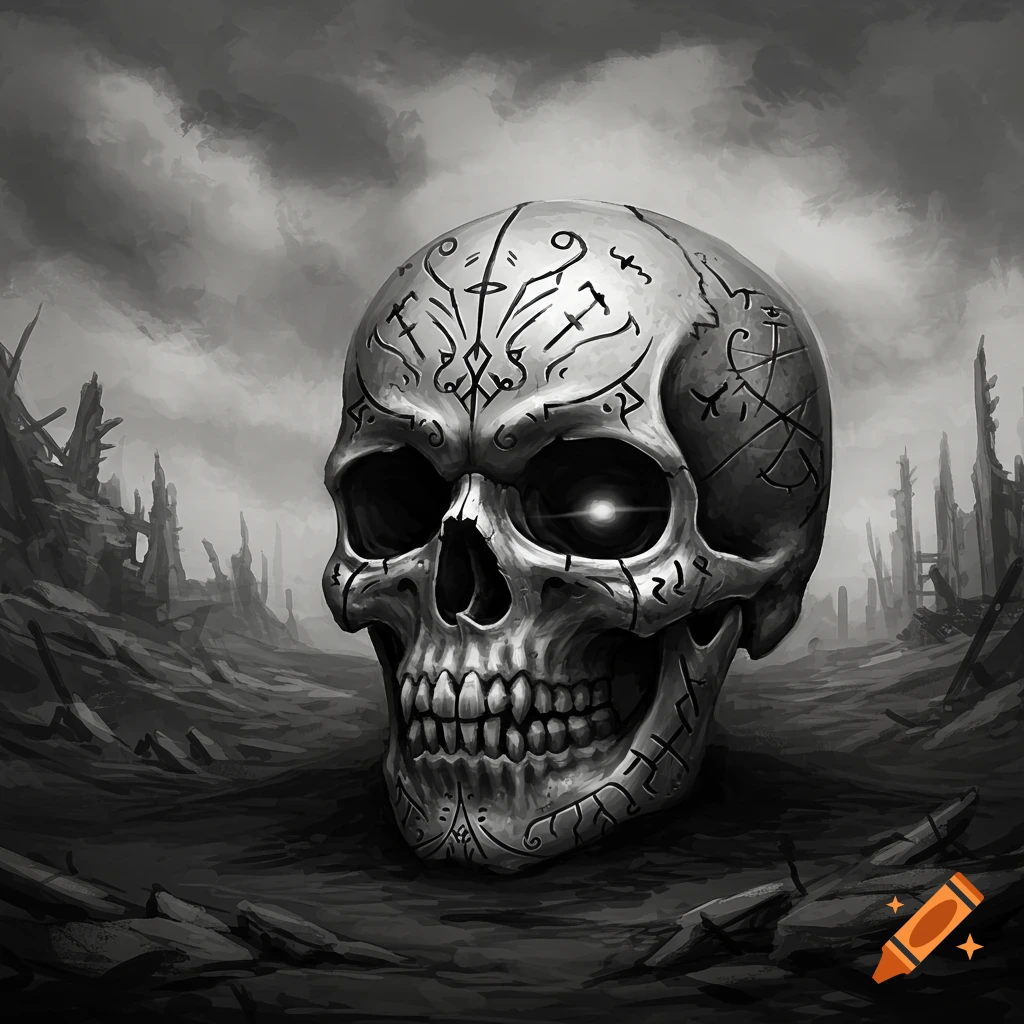 A black and white illustration of an ornate skull with glowing eyes in ...