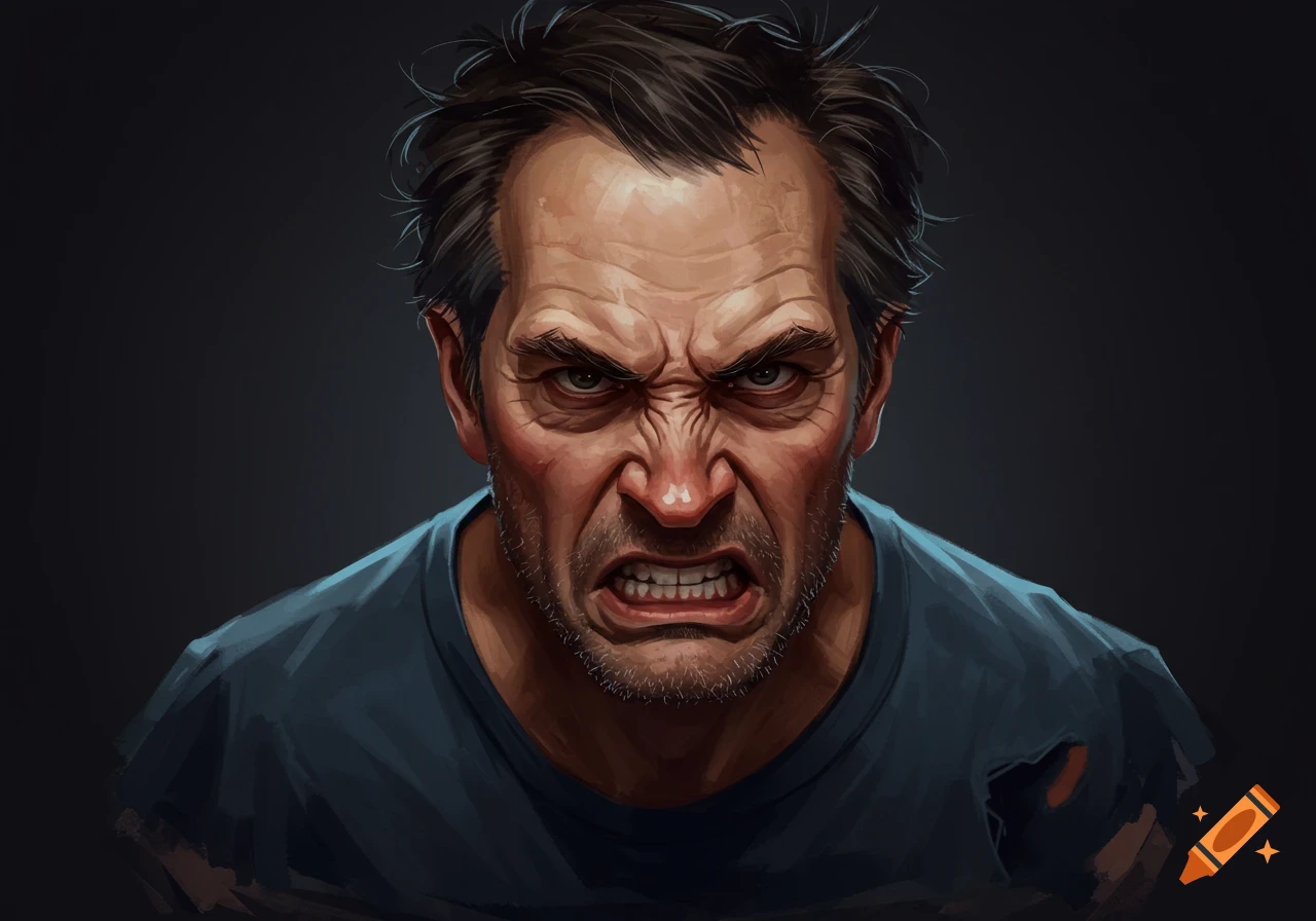 Close-up stylized illustration of an angry man with a scrunched face ...