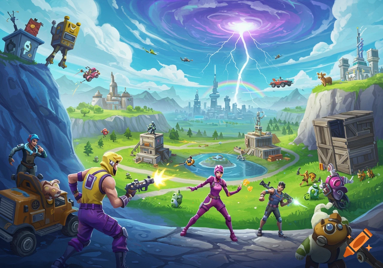Stylized battle scene resembling Fortnite with characters, buildings ...