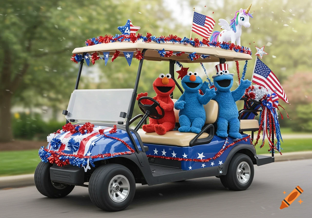 Golf cart decorated for July 4th with Elmo, Cookie Monster, and a ...