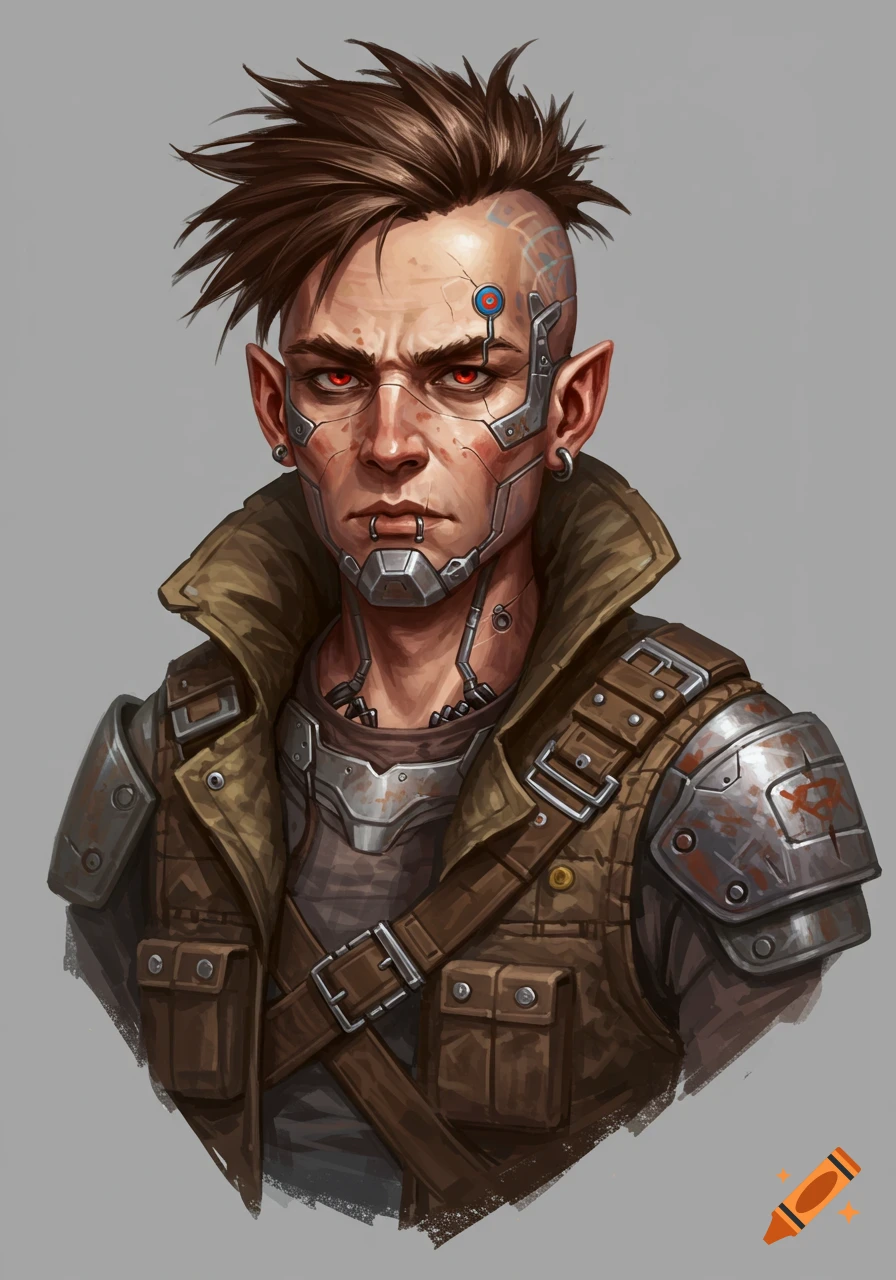 Character portrait of a young male cybernetic hacker with red eyes and ...
