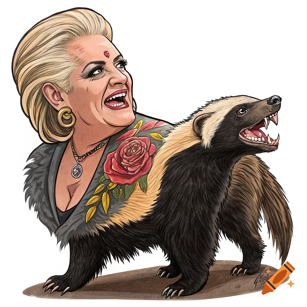 Caricature of blonde woman's head on a honey badger body with a rose ...