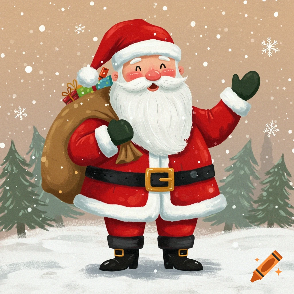 A cartoon illustration of Santa Claus waving and holding a sack of ...