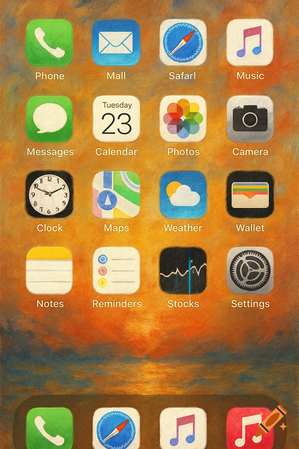 A painterly depiction of an iPhone home screen, featuring various app ...