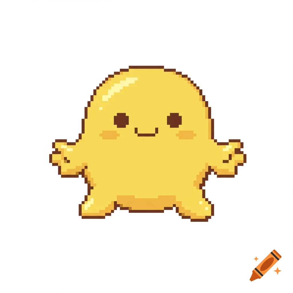 A cute yellow pixel art blob creature with small arms and legs. on Craiyon