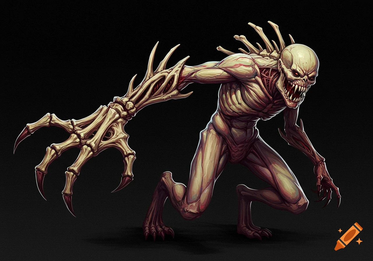 Stylized digital painting of a skeletal monster with red eyes and a ...