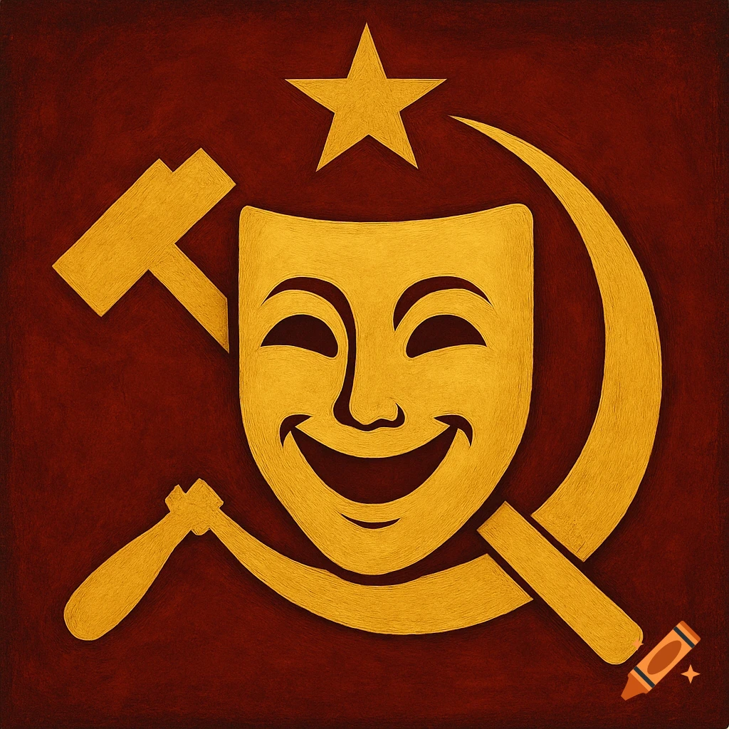 A gold comedy drama mask superimposed over a gold hammer and sickle and ...