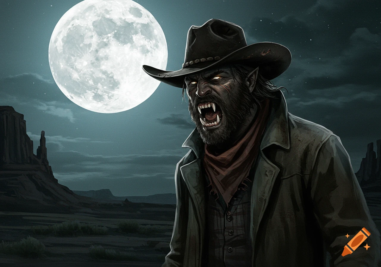 A snarling cowboy werewolf with bared fangs stands under a large full ...