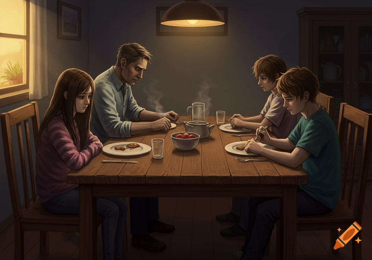 Illustration of a sad family dinner. A father, daughter, and two sons ...