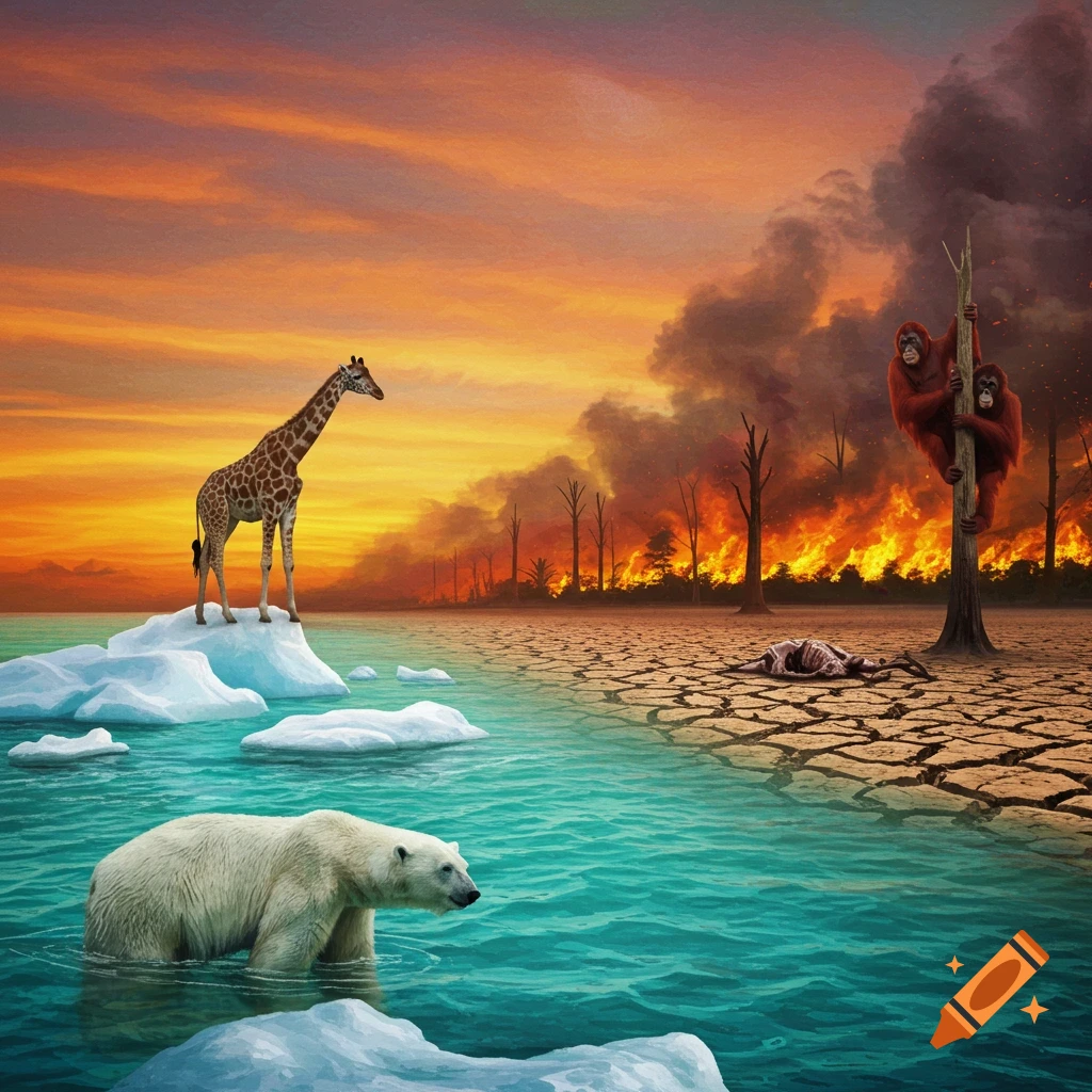 A giraffe on ice, a polar bear in water, a cracked earth landscape with ...