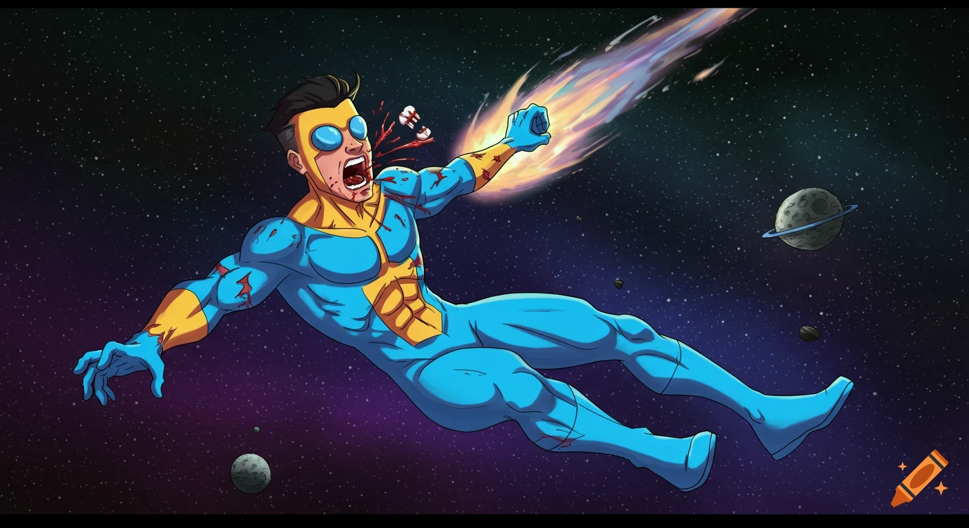Invincible, a superhero in a blue and gold suit, is hit by a comet in ...