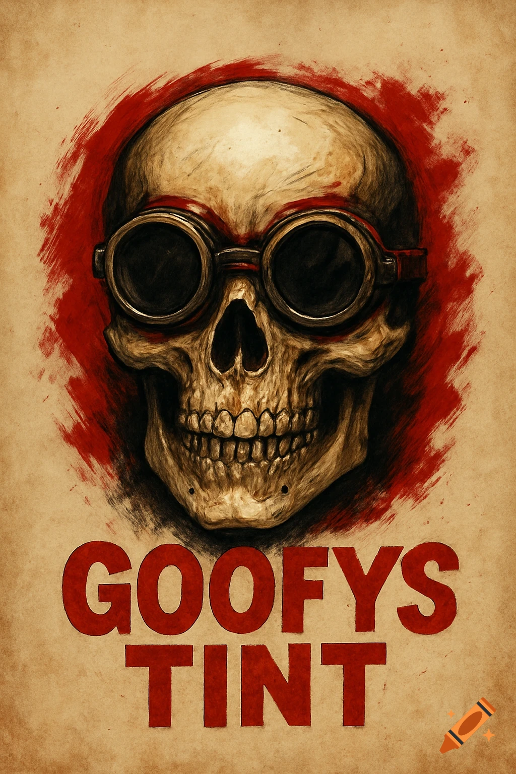 A grunge-style poster features a skull wearing goggles above the text ...