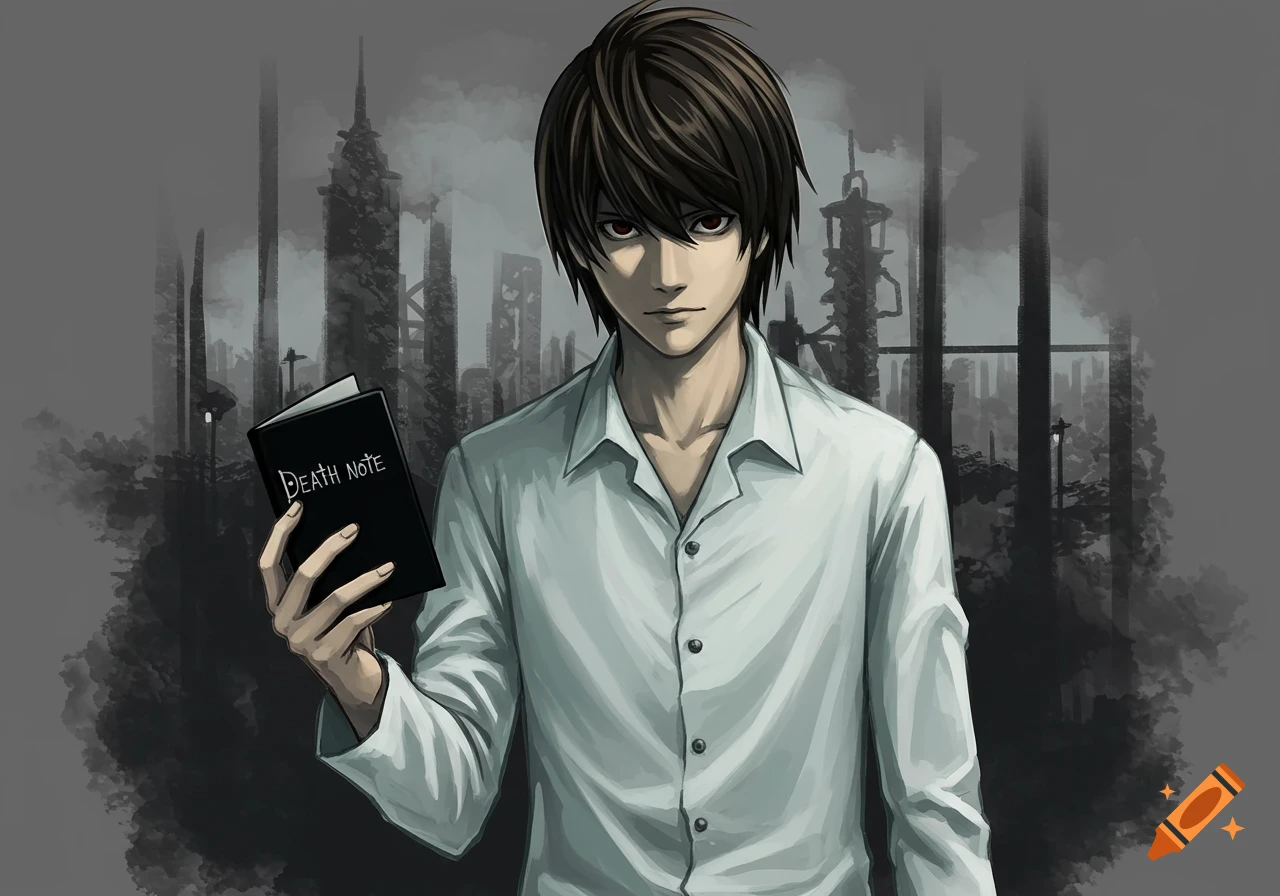 Light Yagami from Death Note holds the black Death Note book against a ...