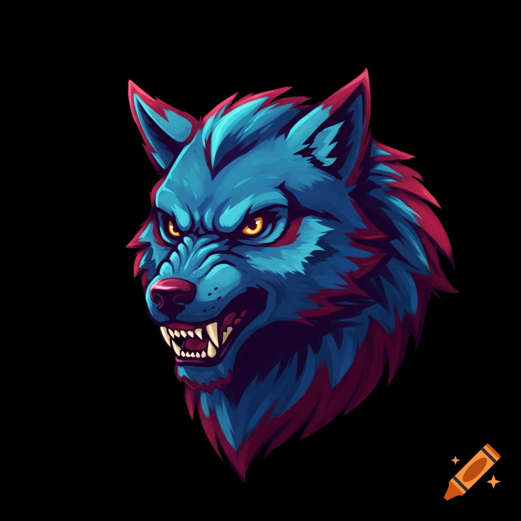 Stylized blue and maroon wolf head mascot illustration with yellow eyes ...