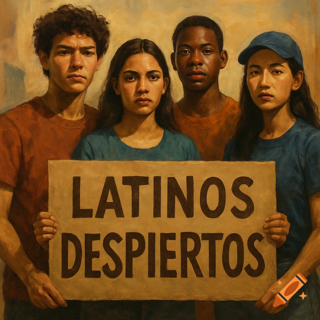 A painting of four young people of diverse races holding a sign that ...