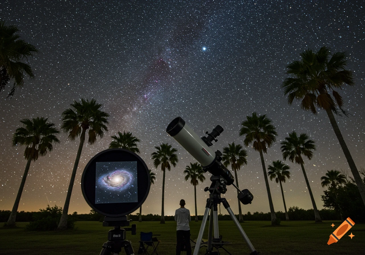 A person stands stargazing with two telescopes under a brilliant starry ...