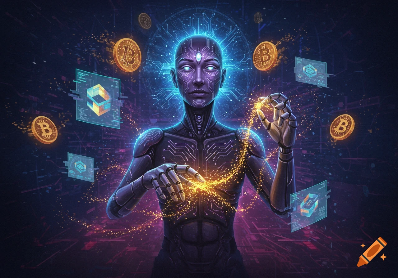 A futuristic robot oracle with glowing circuits manipulates golden data ...