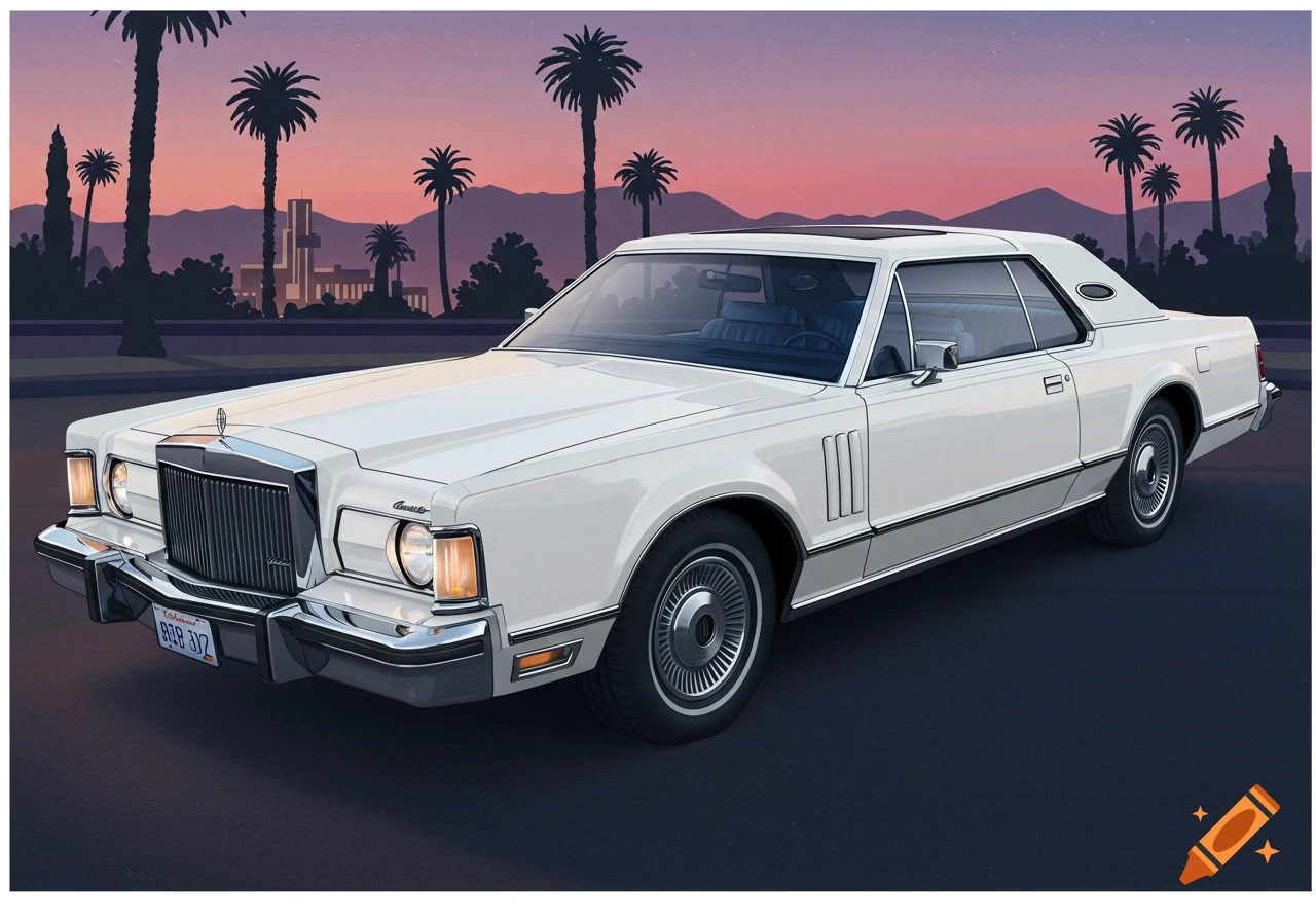 A white vintage Lincoln Mark V car is parked with palm trees and ...