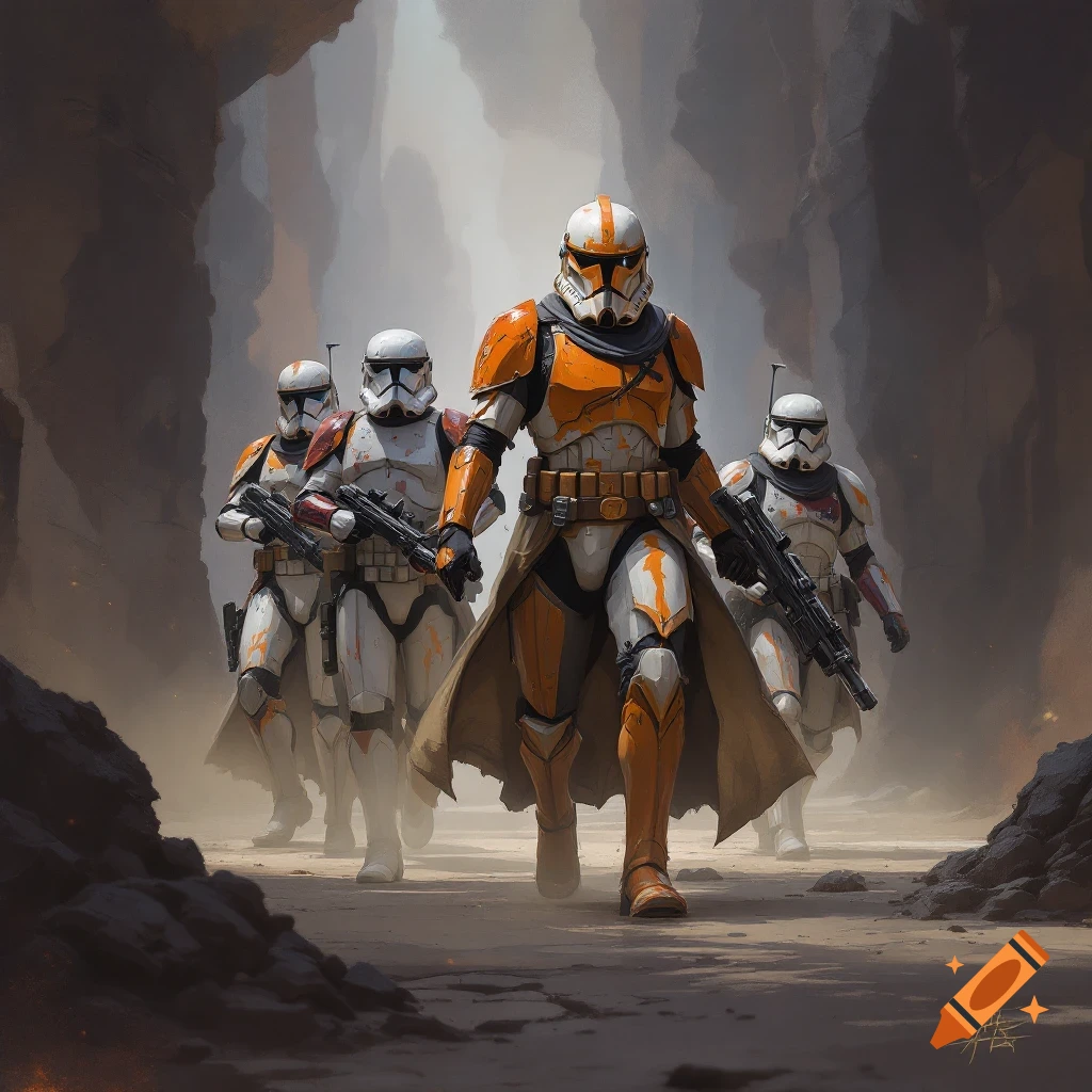 Four Star Wars Clone Troopers, one with orange markings, walk through a dusty canyon. on Craiyon