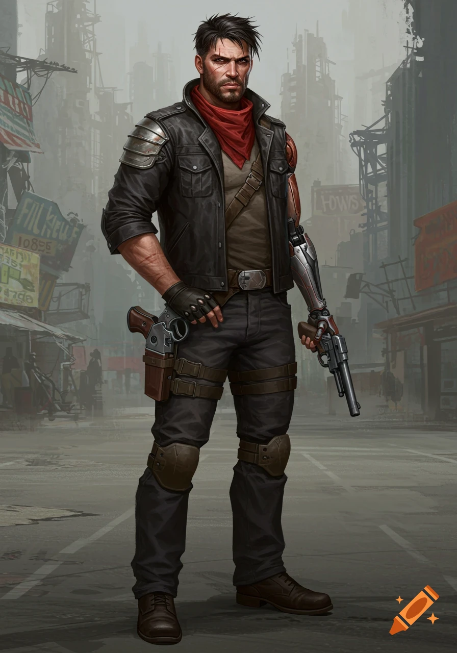 A scruffy male bounty hunter with a cybernetic arm and guns stands in a ...