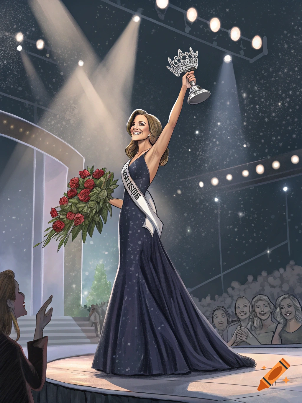 Illustration of a woman winning a beauty pageant on stage, holding a ...