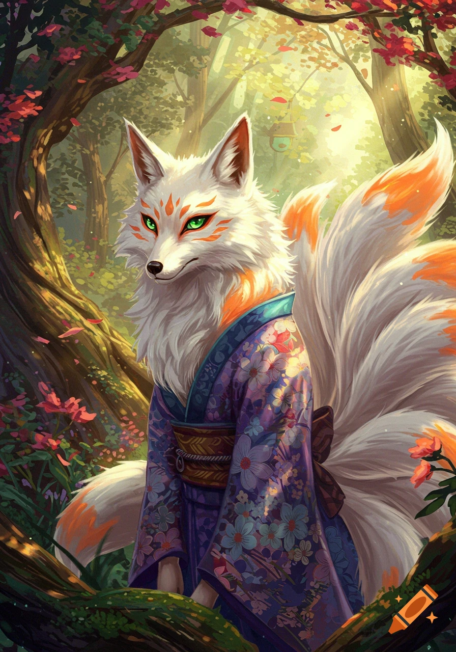A fantasy illustration of a white kitsune with green eyes and orange ...