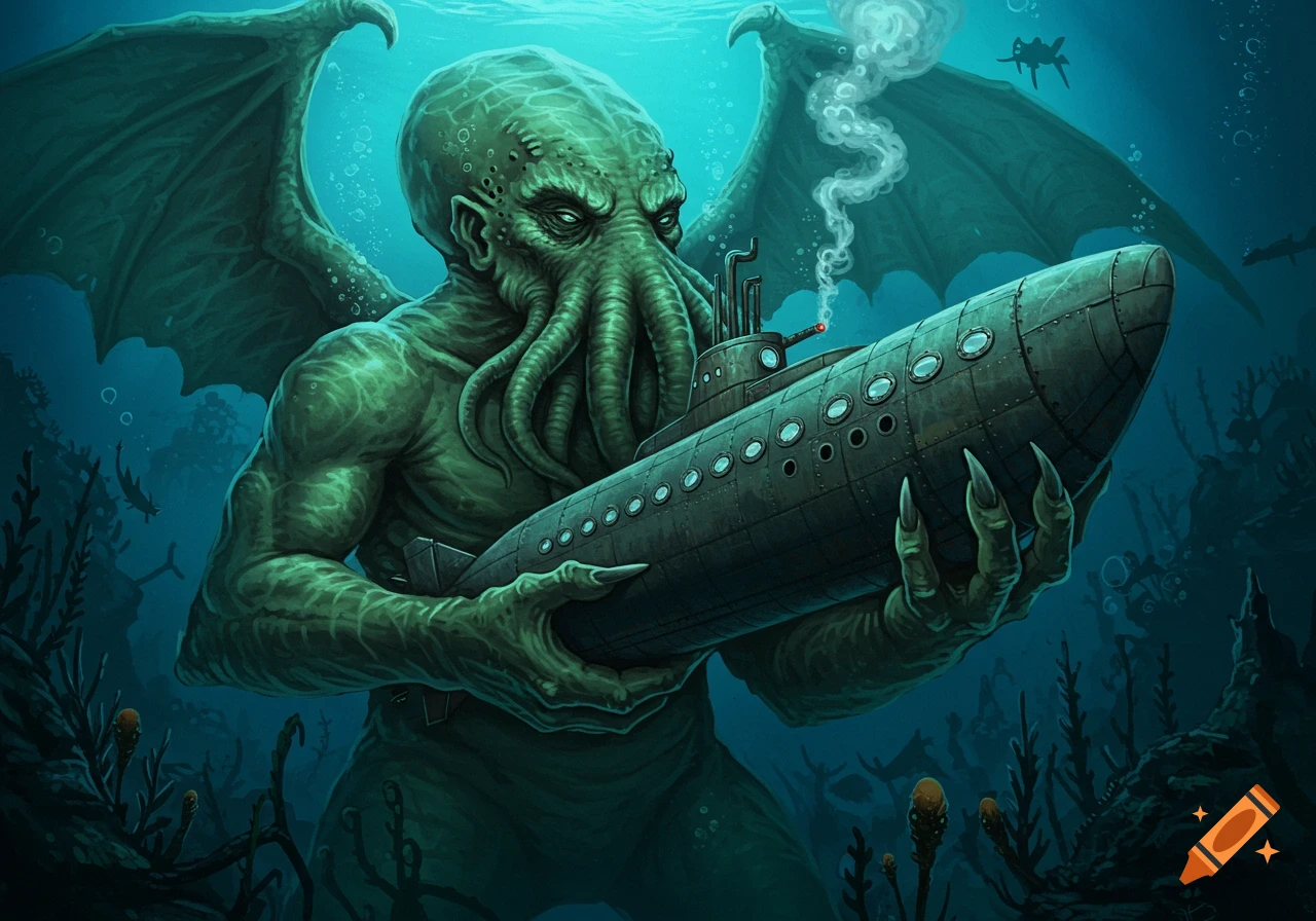 A detailed illustration of green, winged Cthulhu holding a submarine ...