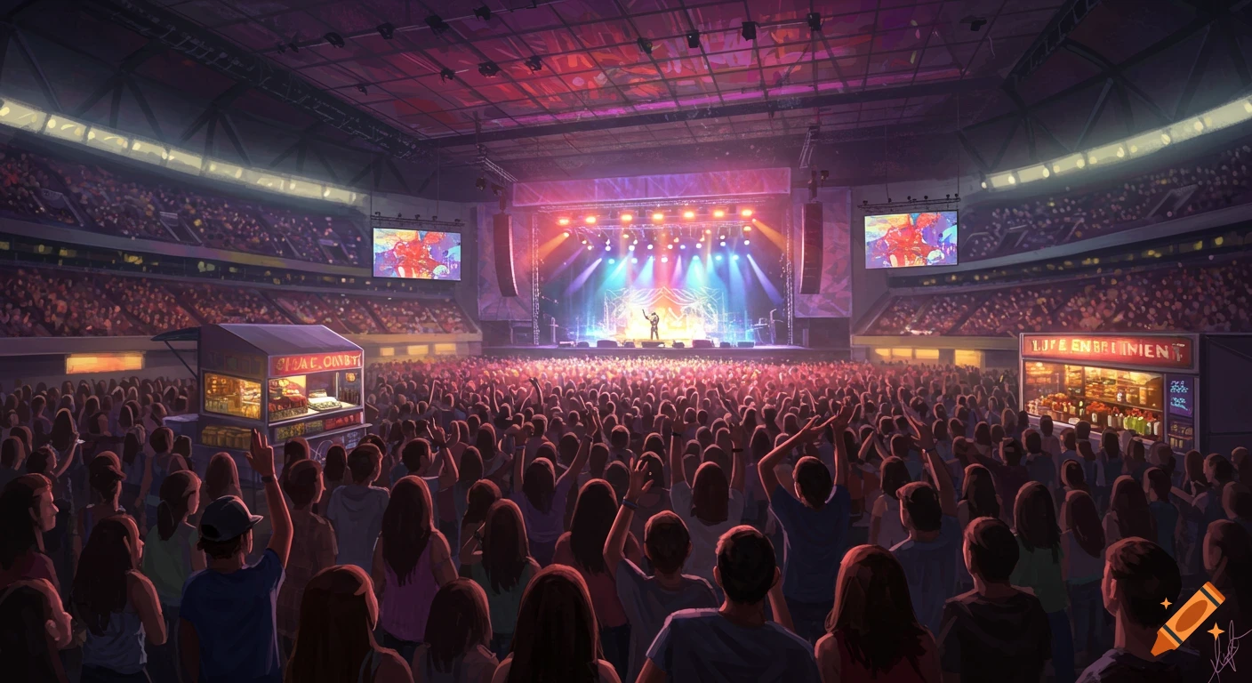 A large crowd attends a concert in an arena, with a stage, lights, and ...