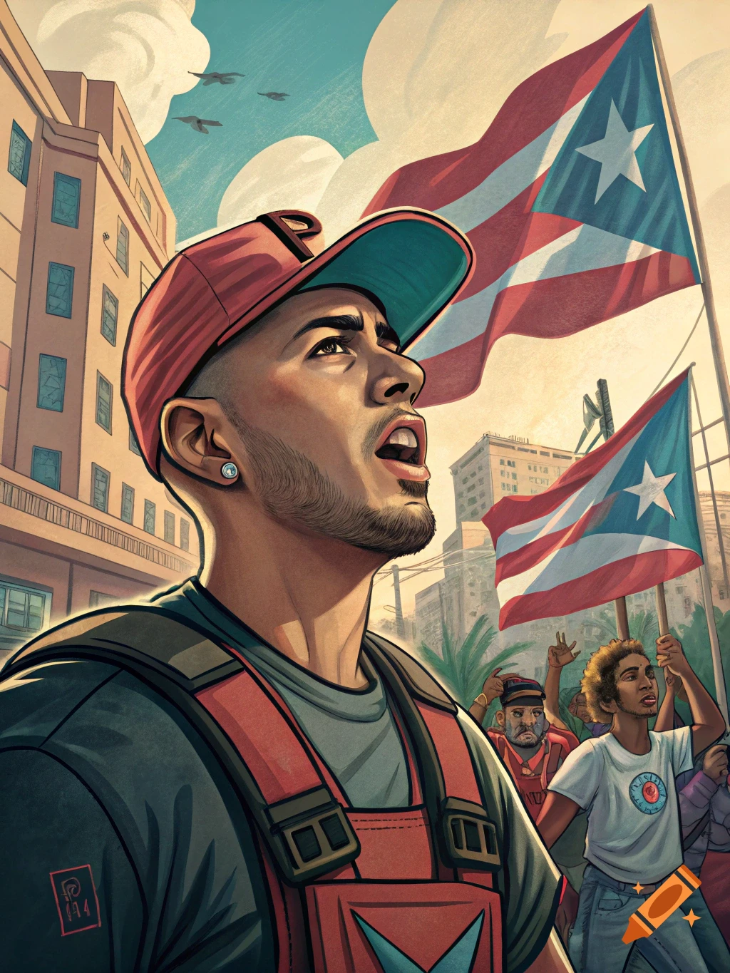 An illustration of a man with a cap leading a protest with Puerto Rican ...