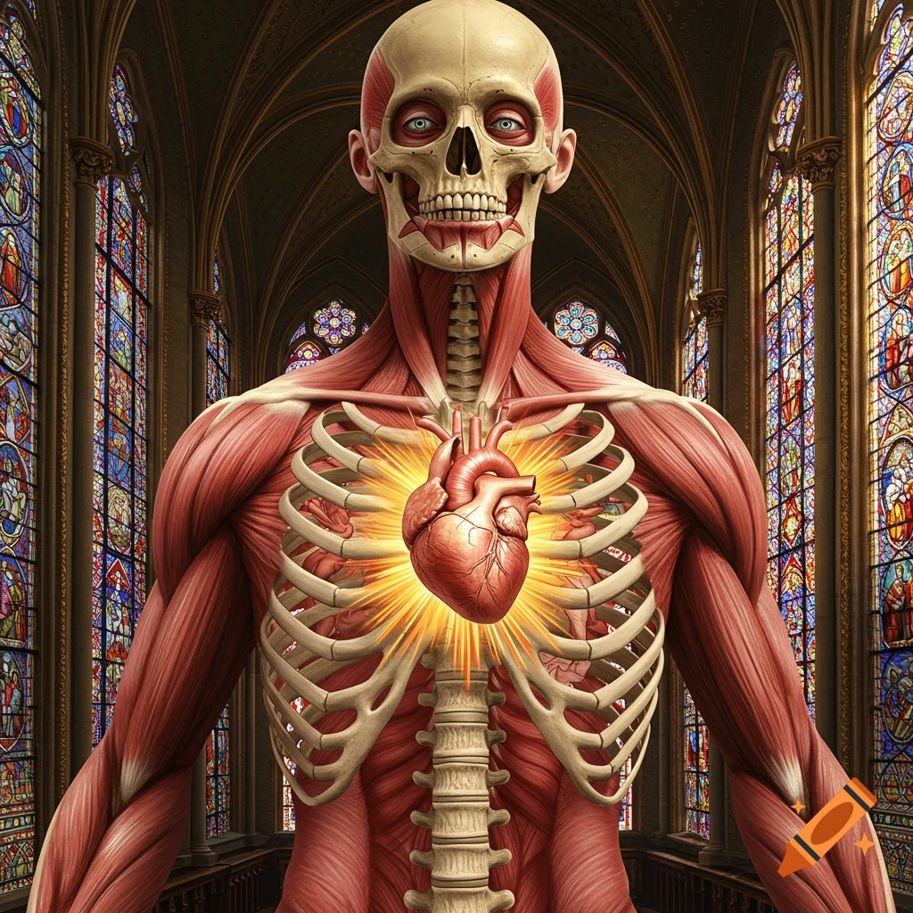 An anatomical figure with visible muscles, bones, and glowing heart ...