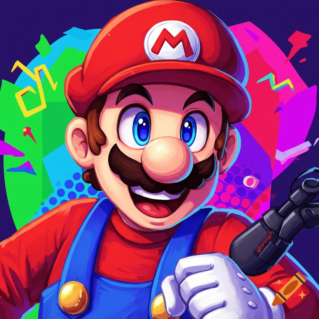Vibrant cartoon illustration of Mario smiling and holding a microphone ...