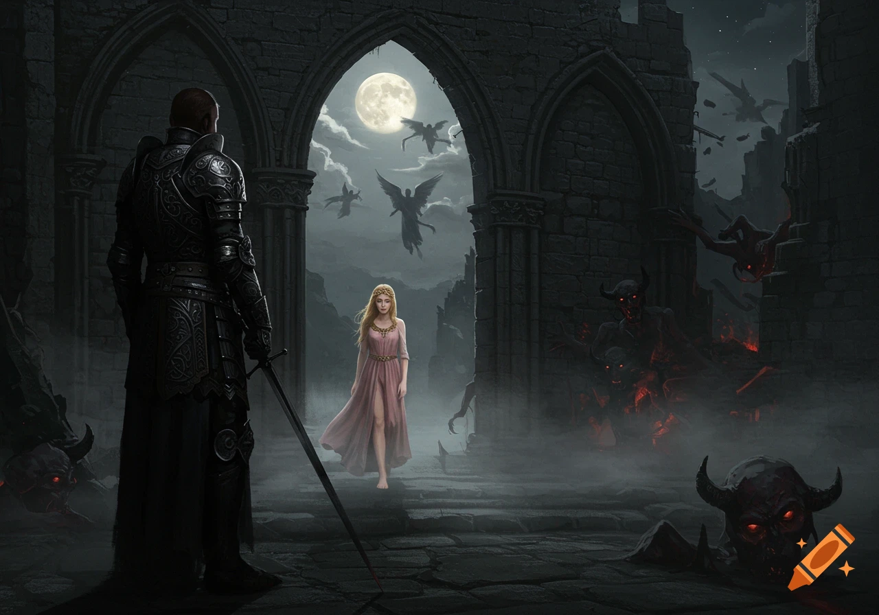 A knight and princess stand in a ruined castle under a full moon ...