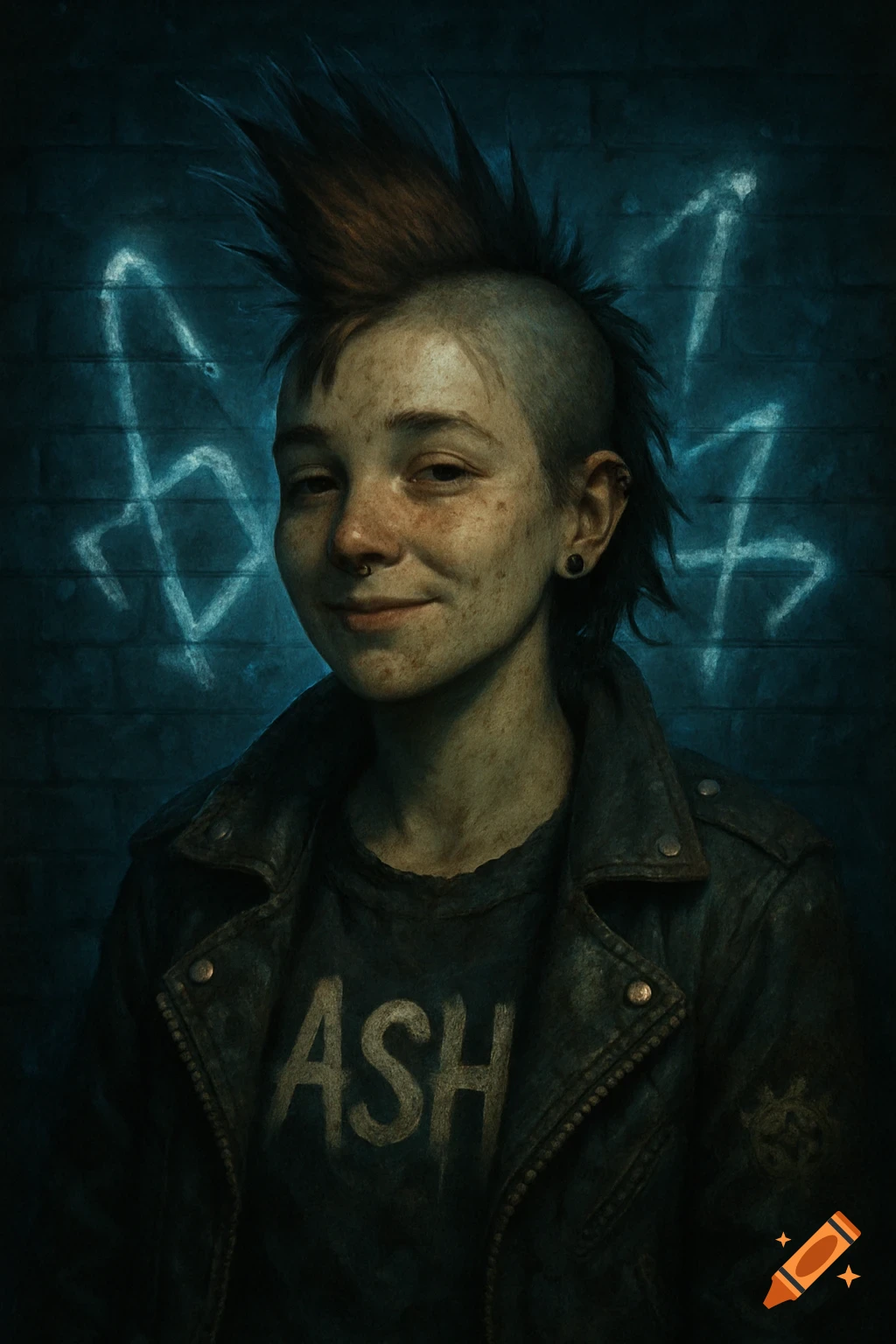 A digitally painted portrait of a young punk person with a mohawk ...